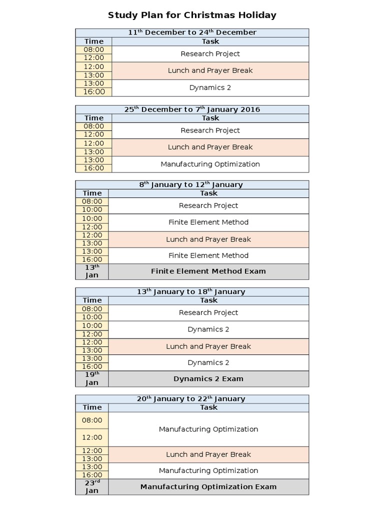Christmas Holiday Study Schedule | PDF | Art