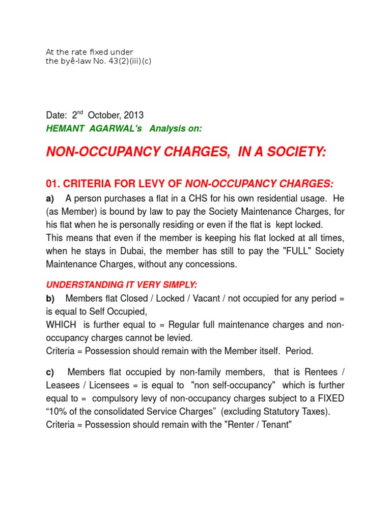 Non Occupancy Charges in Housing Society | PDF | Leasehold Estate | Lease