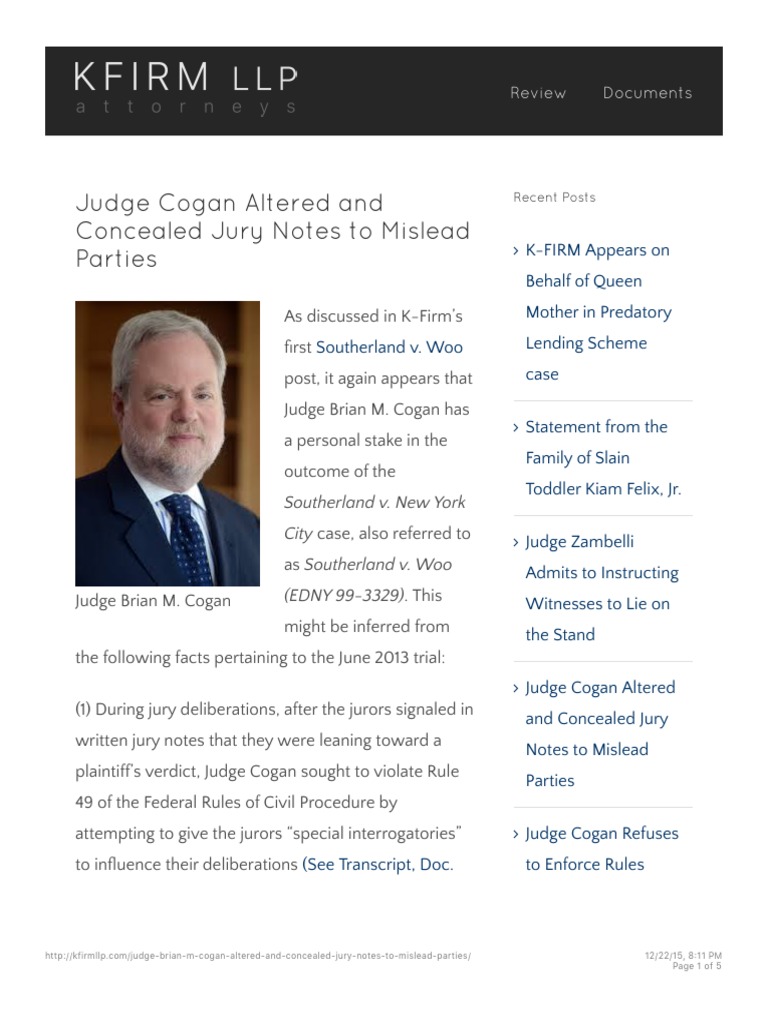 Judge Cogan Altered and Concealed Jury Notes To Mislead Parties | PDF ...