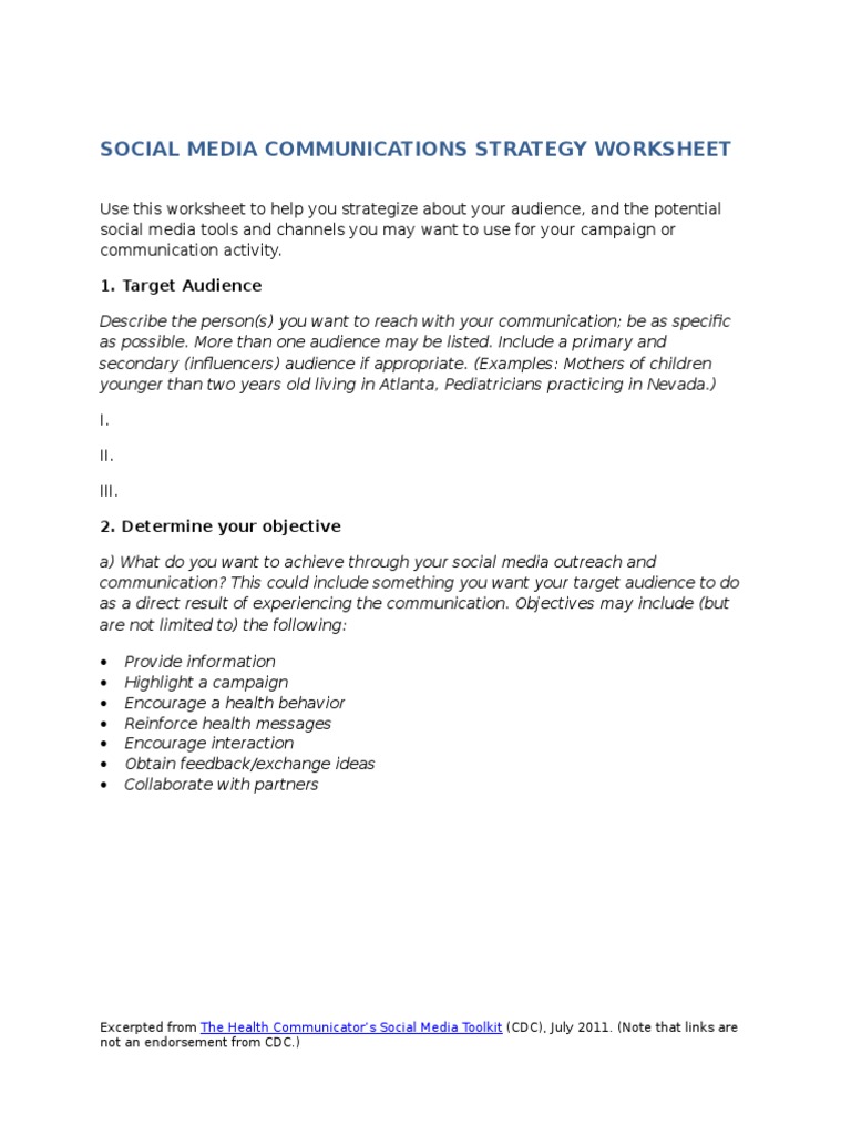 Social Media Communications Strategies Worksheet | Download Free PDF ...