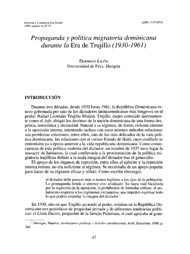 Propaganda y Política Migratoria Dominicana en La Era de Trujillo (1930 ...