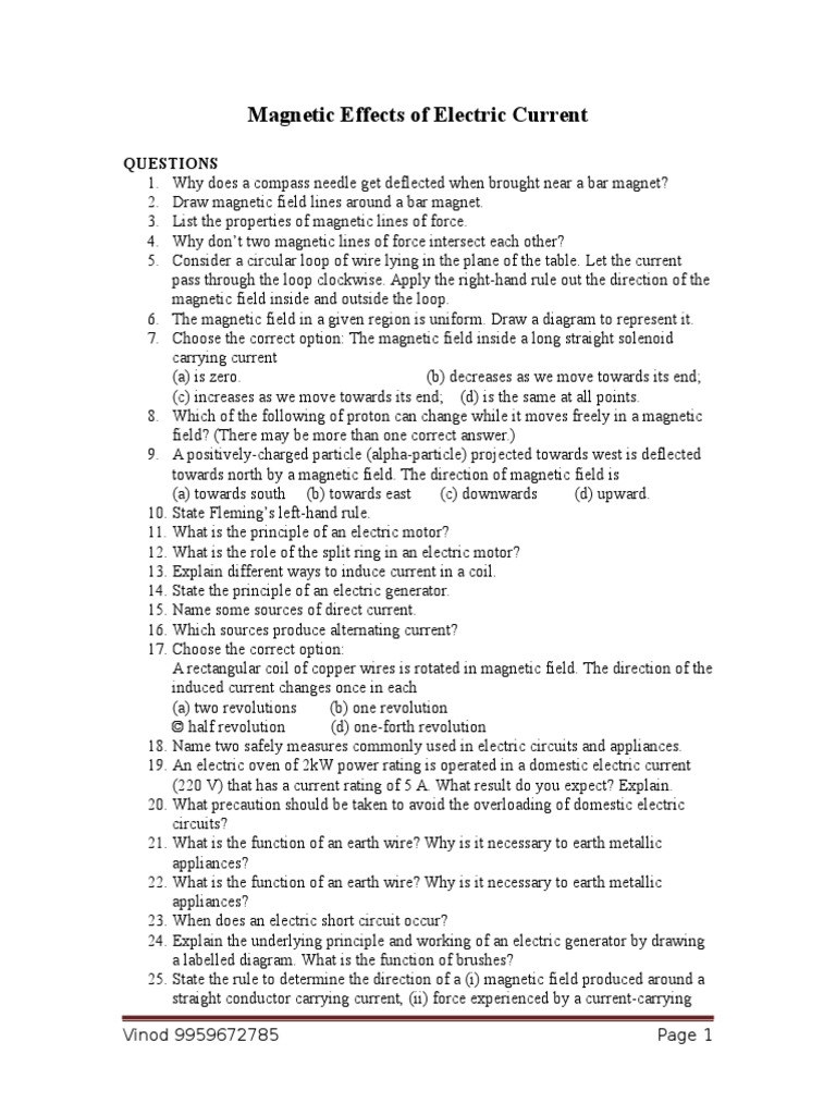 Magnetic Effects of Electric Current Questions | PDF | Magnetic Field ...