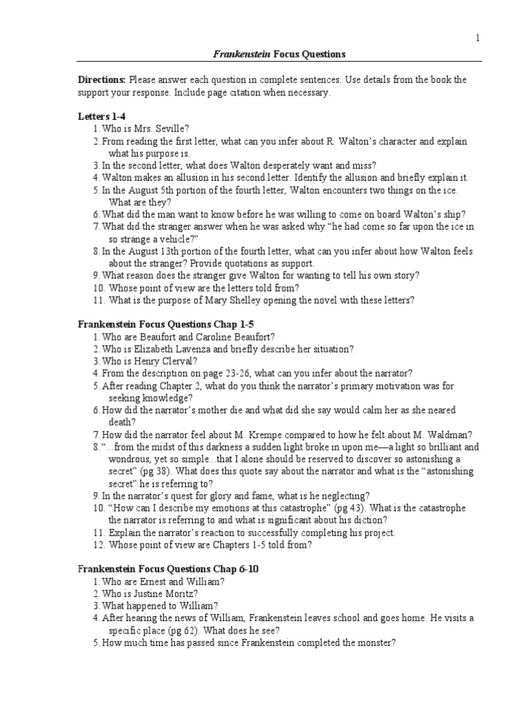 Frankenstein Focus Questions | PDF | Frankenstein | Narration
