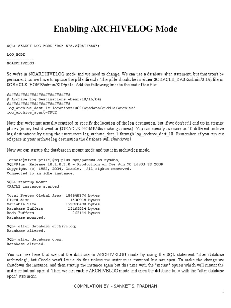 Enabling Archive Log Mode Pdf Oracle Database Databases