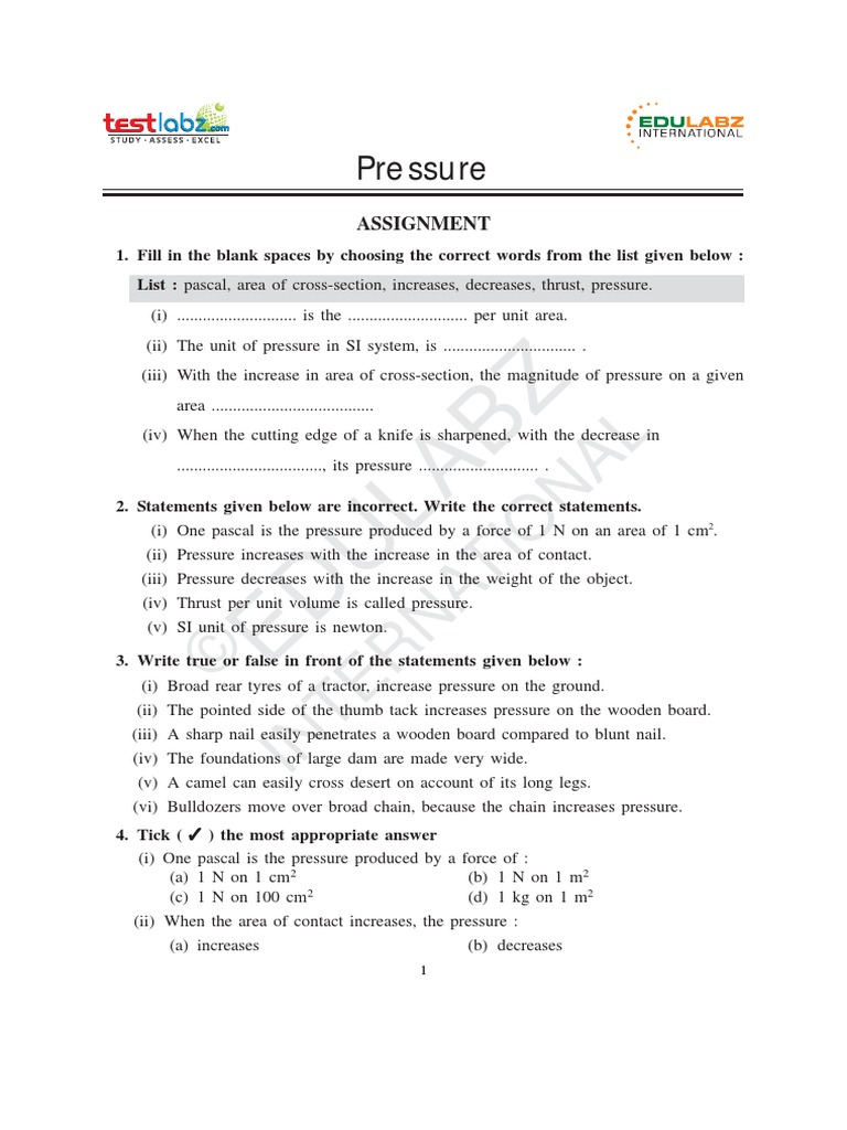 Pressure Assignment | PDF | Pascal (Unit) | Pressure