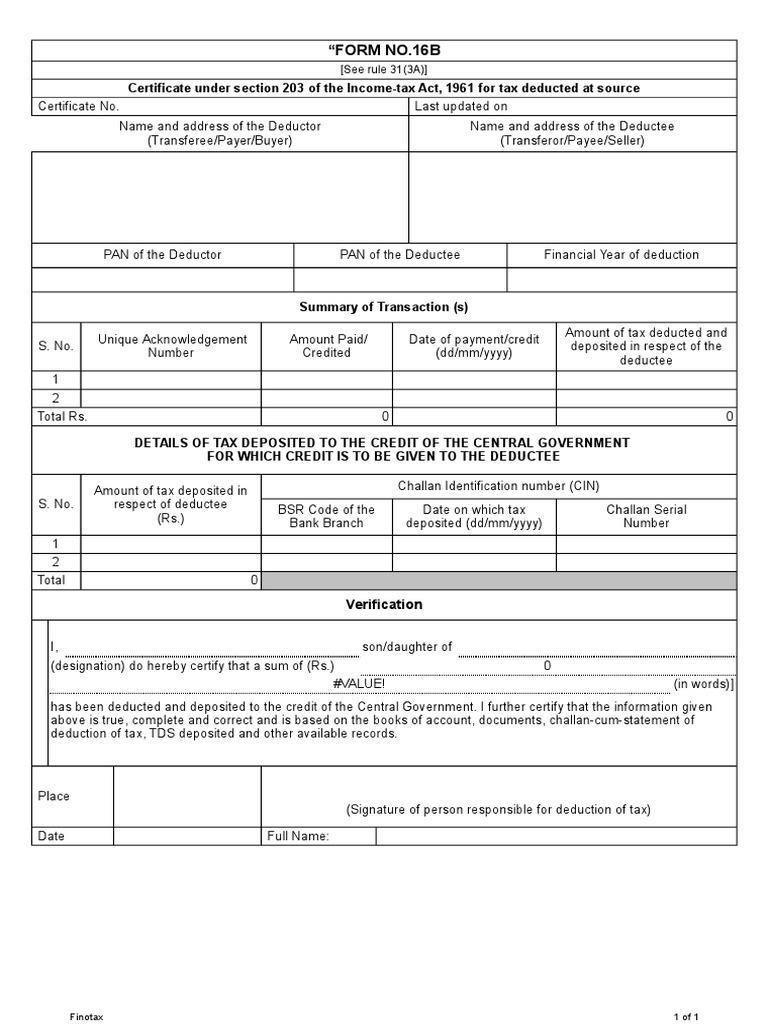 "FORM NO.16B: Certificate Under Section 203 of The Income-Tax Act, 1961 ...