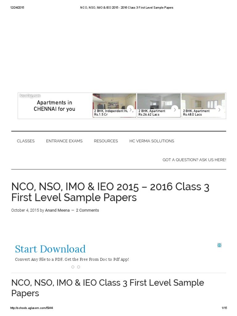 NCO, NSO, IMO & IEO 2015 - 2016 Class 3 First Level Sample Papers | PDF ...