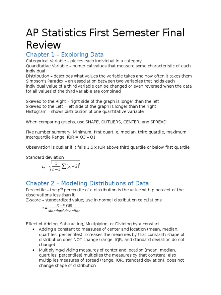 AP Statistics 1st Semester Study Guide | PDF | Experiment | Regression ...