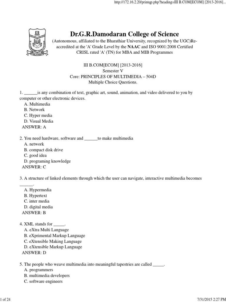 Principles of Multimedia MCQs + Answers | PDF | Typefaces | Video