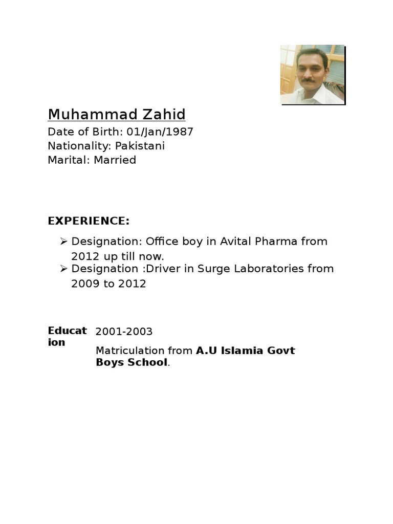 Muhammad Zahid: Date of Birth: 01/jan/1987 Nationality: Pakistani ...