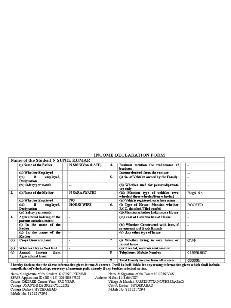 Telangana Income Declaration Form | PDF | Business | Finance & Money ...