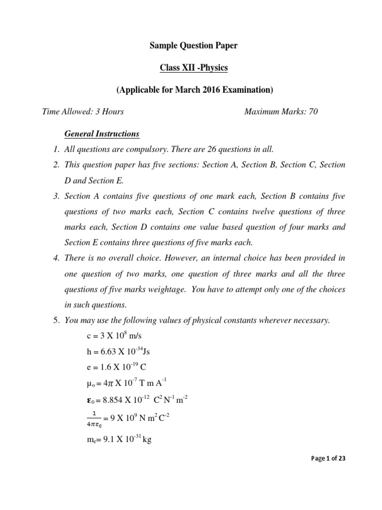 General Instructions: Sample Question Paper Class XII - Physics (Applicable For March 2016 ...