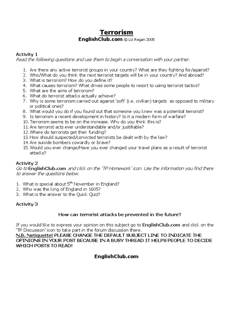 Terrorism: Read The Following Questions and Use Them To Begin A ...