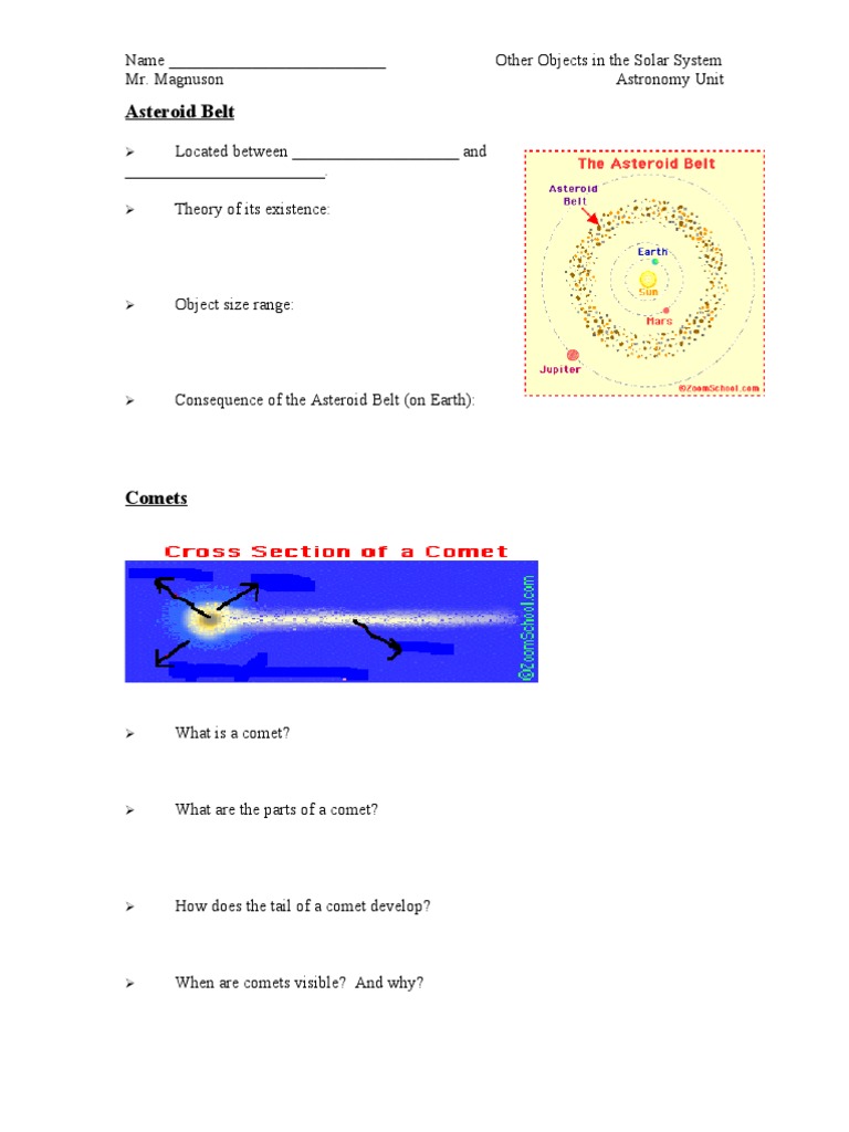 Asteroids, Comets and Meteors Worksheet | PDF | Comet | Meteoroid