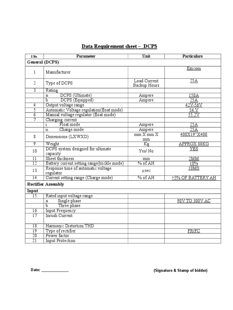 DCPS Data Requirement Sheet | PDF | Battery (Electricity) | Rectifier