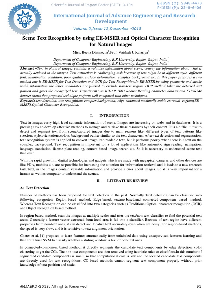 Scene Text Recognition By Using Ee Mser And Optical Character Recognition For Natural Images
