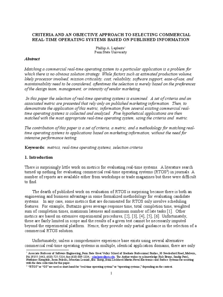Criteria and An Objective Approach To Selecting Commercial Real-Time Operating Systems Based On ...
