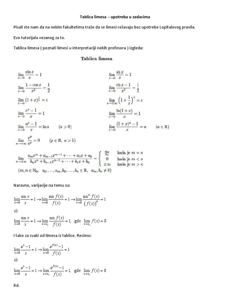 Tablica Limesa - Upotreba U Zadacima | PDF