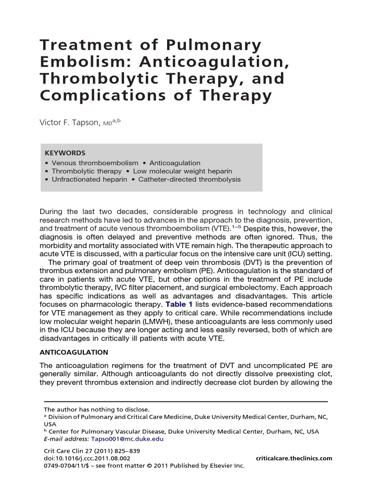 Treatment of Pulmonary Embolism Anticoagulation Thrombolytic Therapy ...