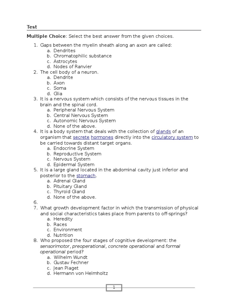 Test Multiple Choice: Select The Best Answer From The Given Choices ...