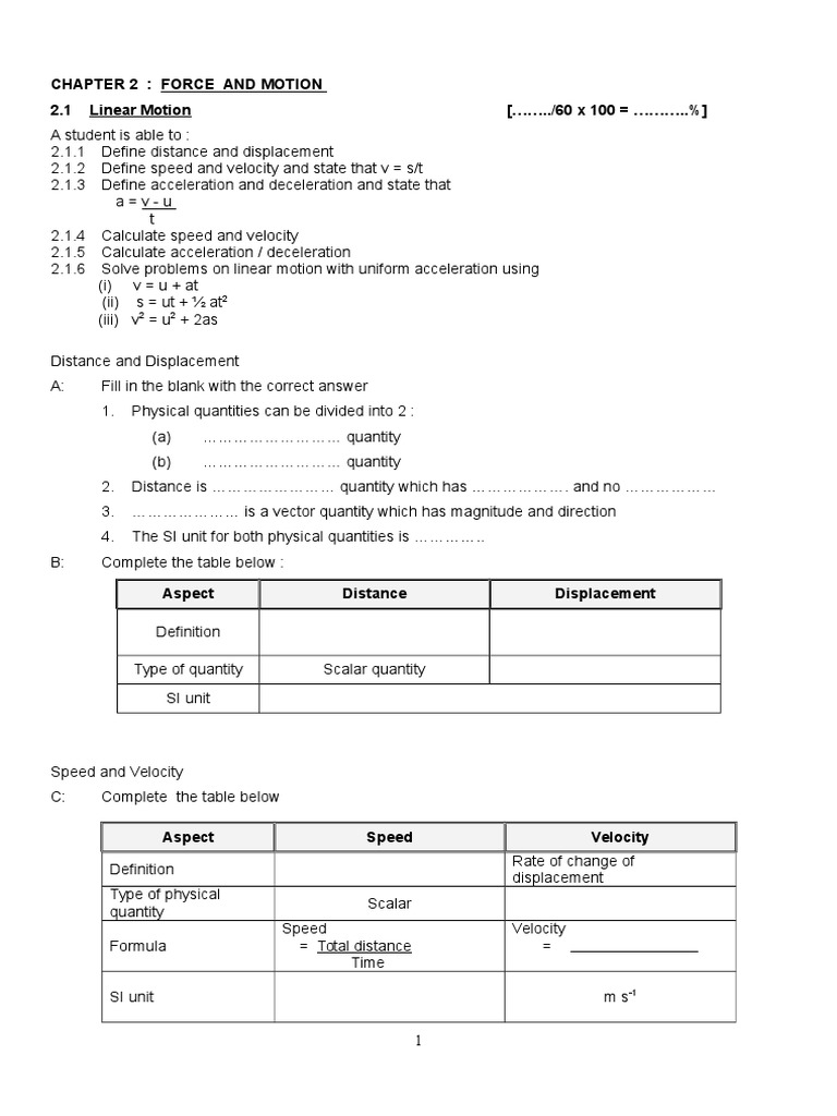 Chapter 2: Force and Motion 2.1 Linear Motion ( ../60 X 100 ..%) | PDF ...
