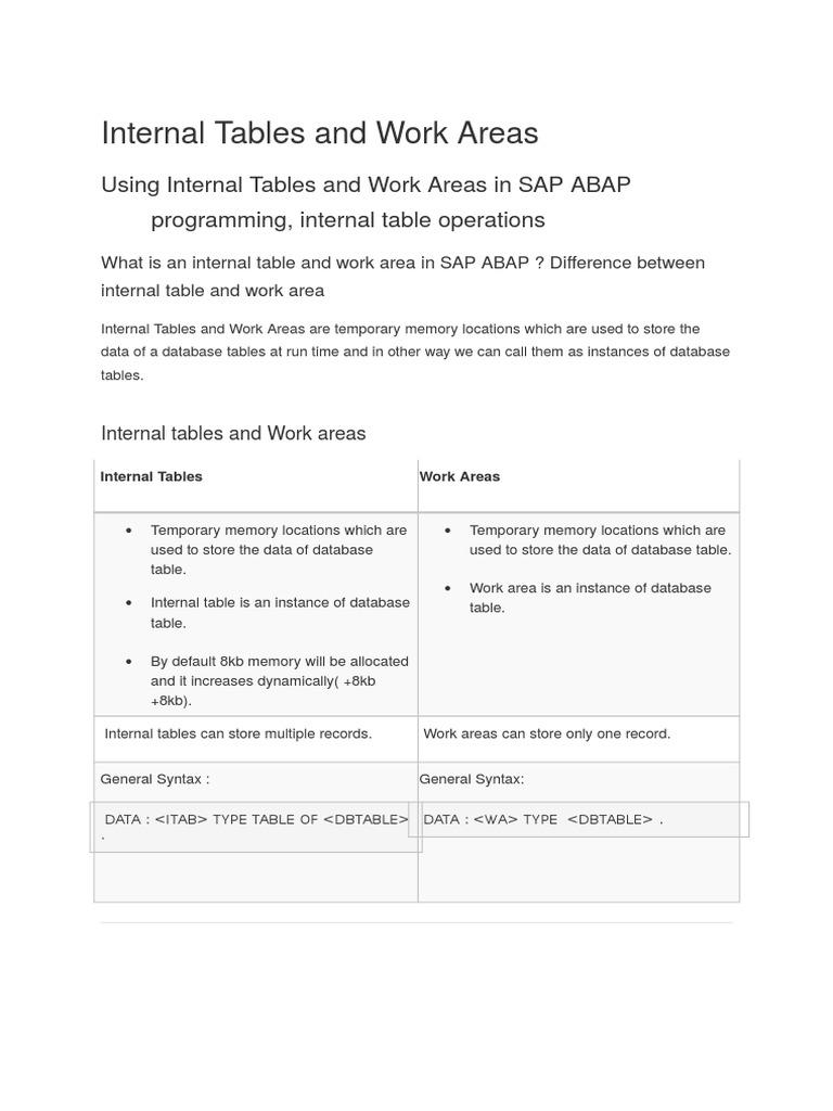 5-Internal Tables and Work Areas | PDF | Database Index | Databases
