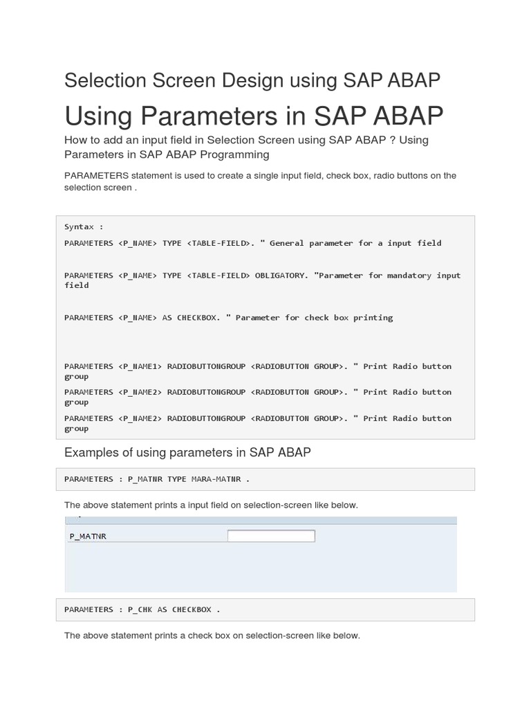 7-Selection Screen Design Using SAP ABAP | Parameter (Computer ...