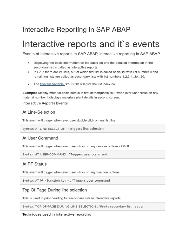 10-Interactive Reporting in SAP ABAP | PDF | Subroutine | Parameter (Computer Programming)