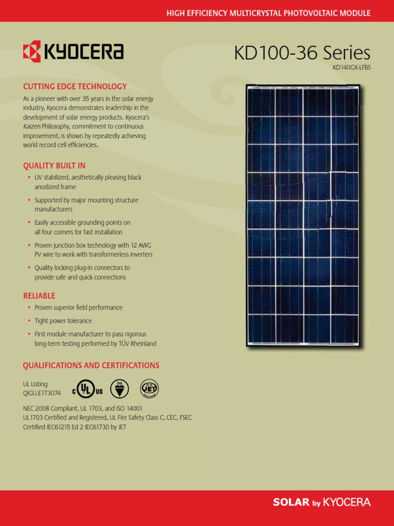 Kyocera 140W Modulo Solar | PDF | Photovoltaics | Solar Energy