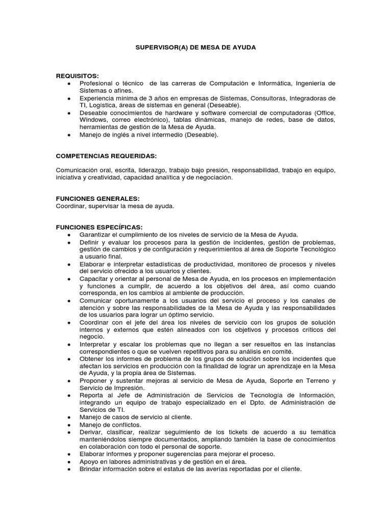 Supervisor Help Desk | PDF | Mesa de ayuda | Tecnología digital