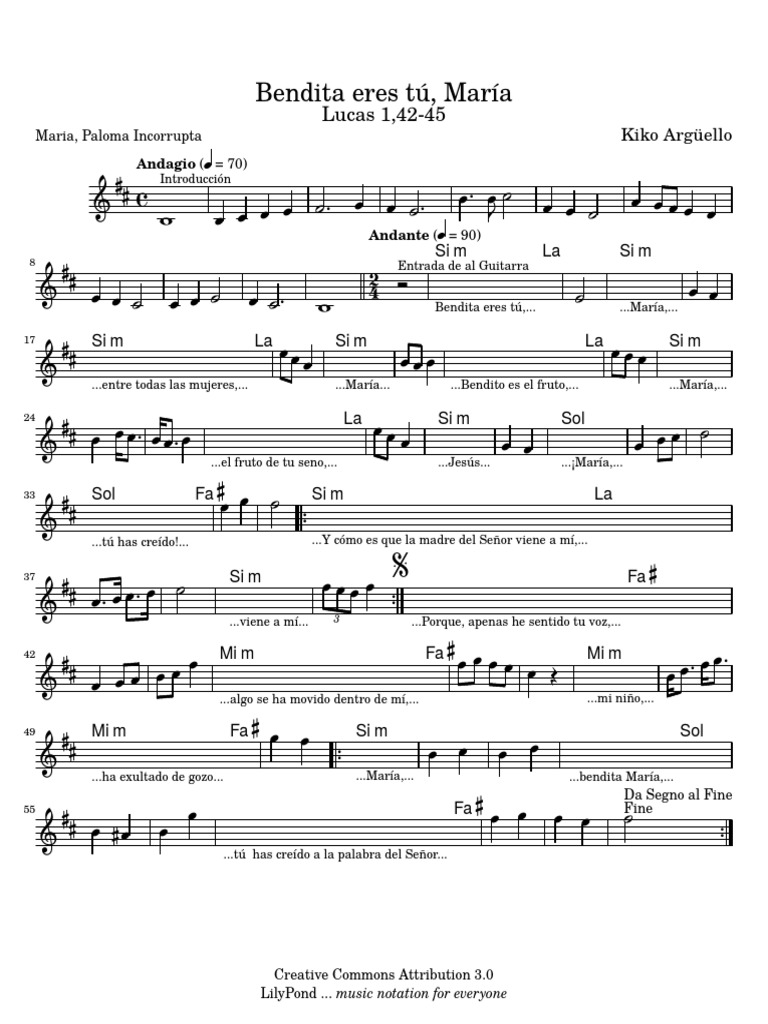Bendita Eres Tú, María: Letra y Acordes | PDF | Ocio | Entretenimiento ...