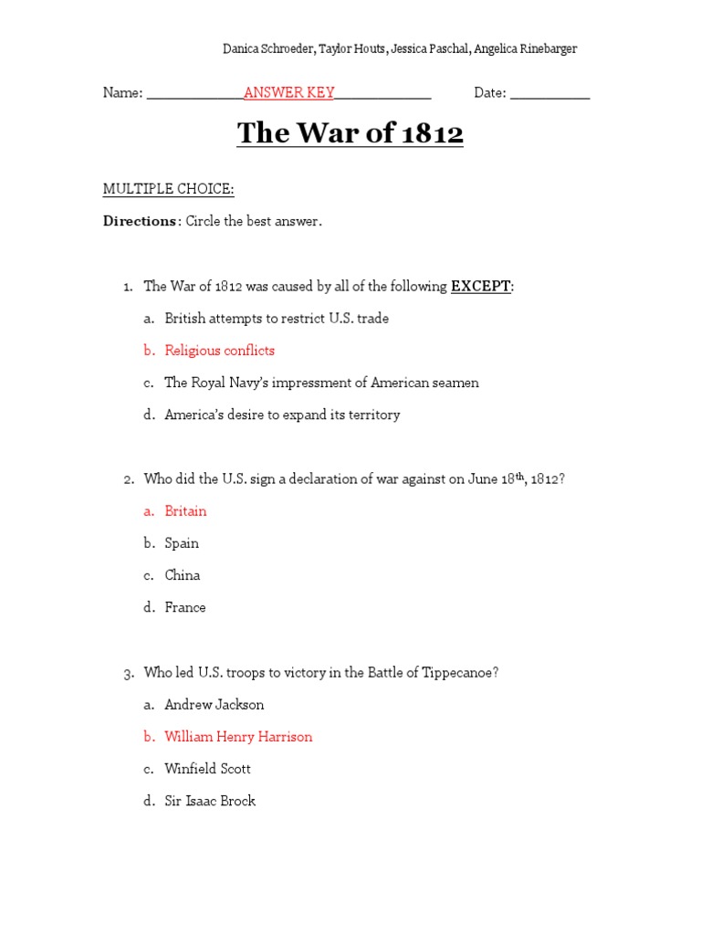 The War of 1812 - Assessment Answers | PDF | War Of 1812 | Warfare