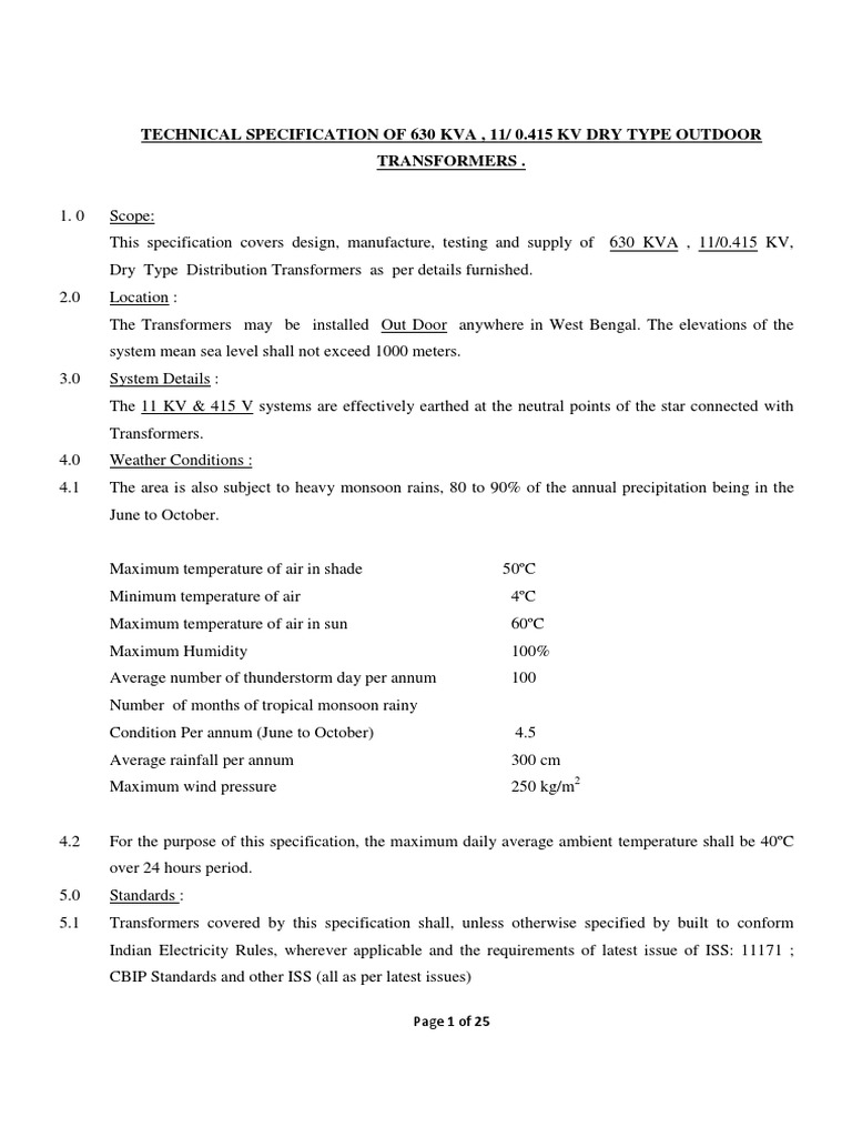 Technicall Specification of 630 KVA, 11-0.415 KV Dry Type Outdoor ...