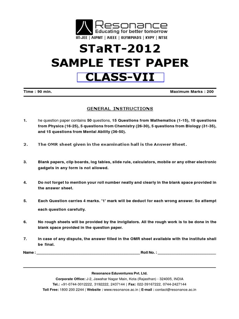 WWW - Resostart.in Class VII, Seventh STD Sample Question Paper ...
