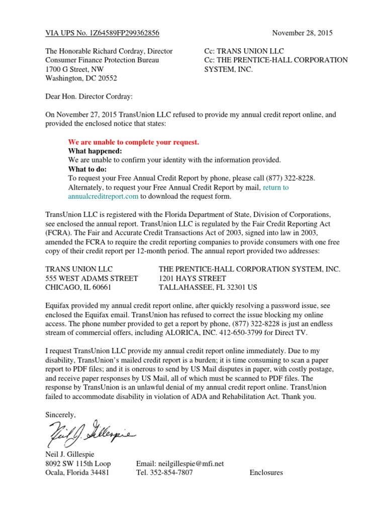 Complaint To CFPB Re TransUnion LLC Refused To Provide My Annual Credit ...
