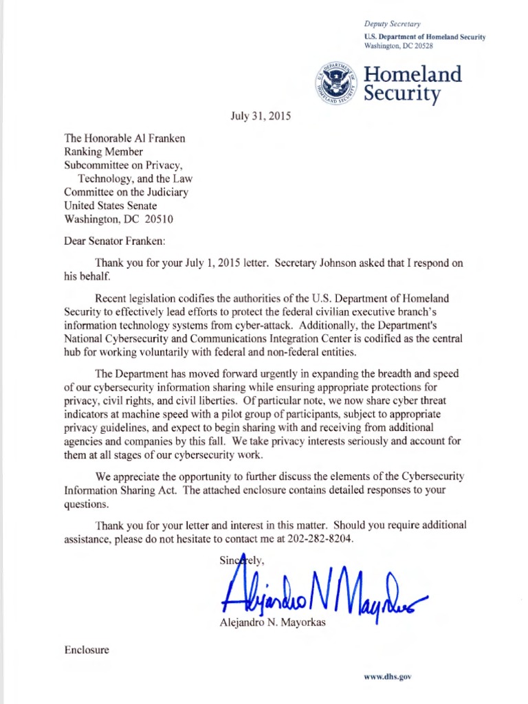 Letter From Department of Homeland Security On CISA | PDF | United ...