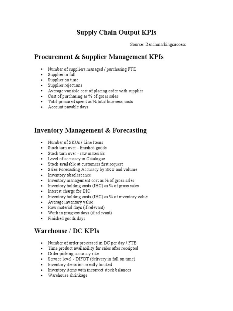 Supply Chain Output KPIs | PDF | Inventory | Supply Chain