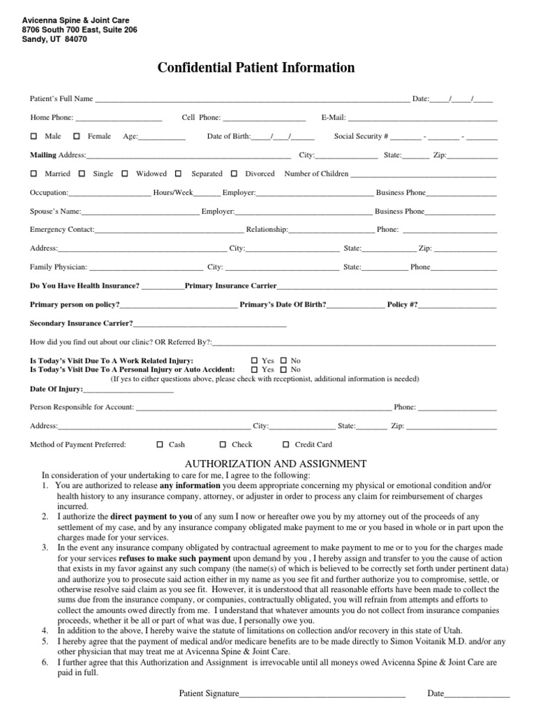 Confidential New Patient Intake Form for Avicenna Spine & Joint Care ...