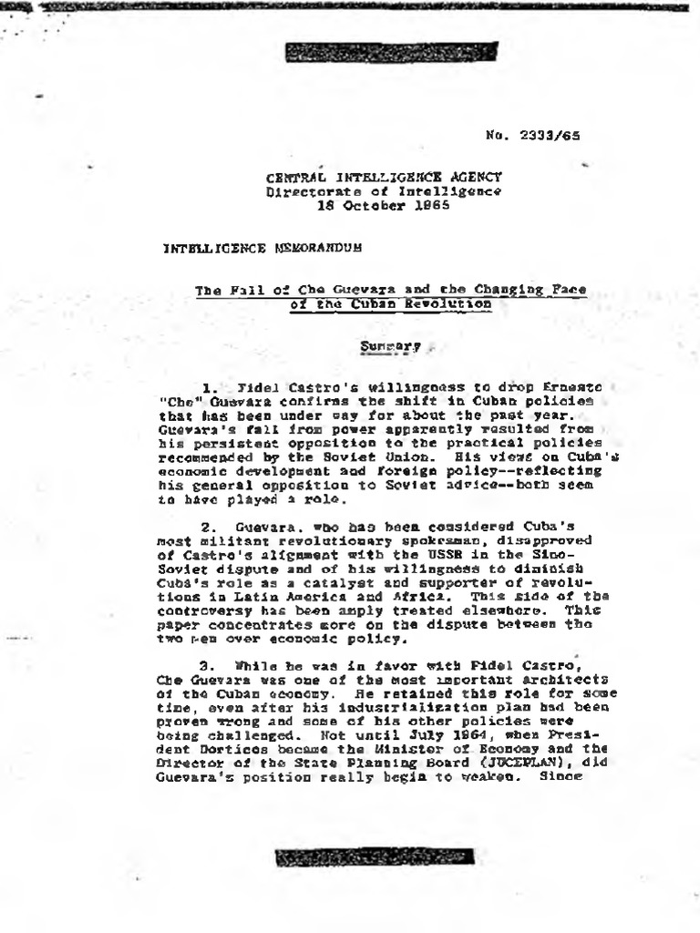 CIA Intelligence Memorandum, The Fall of Che Guevara and The Changing ...