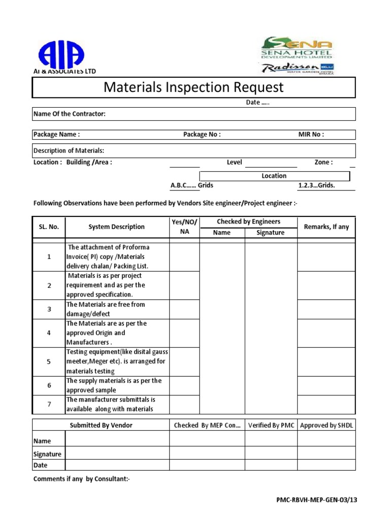 1.material Inspection Request (MIR) | PDF | Technology & Engineering