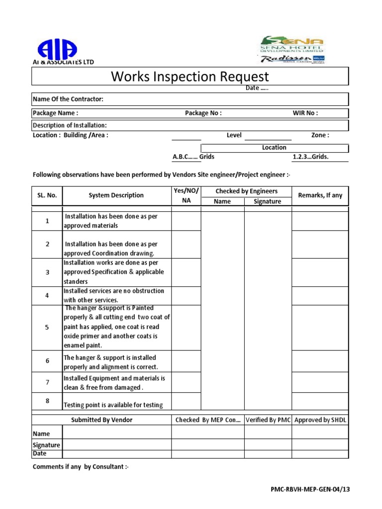 Work Inspection Request Template | PDF | Technology & Engineering