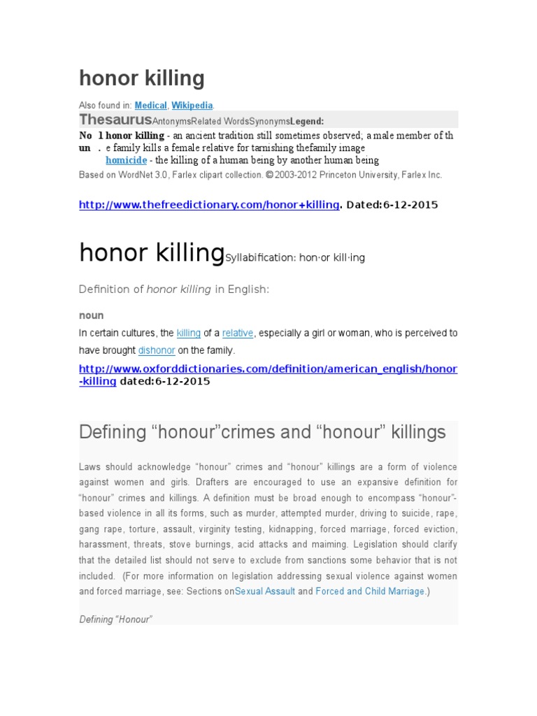 Honor Killing Defenitions | PDF | Violence | Crime & Violence