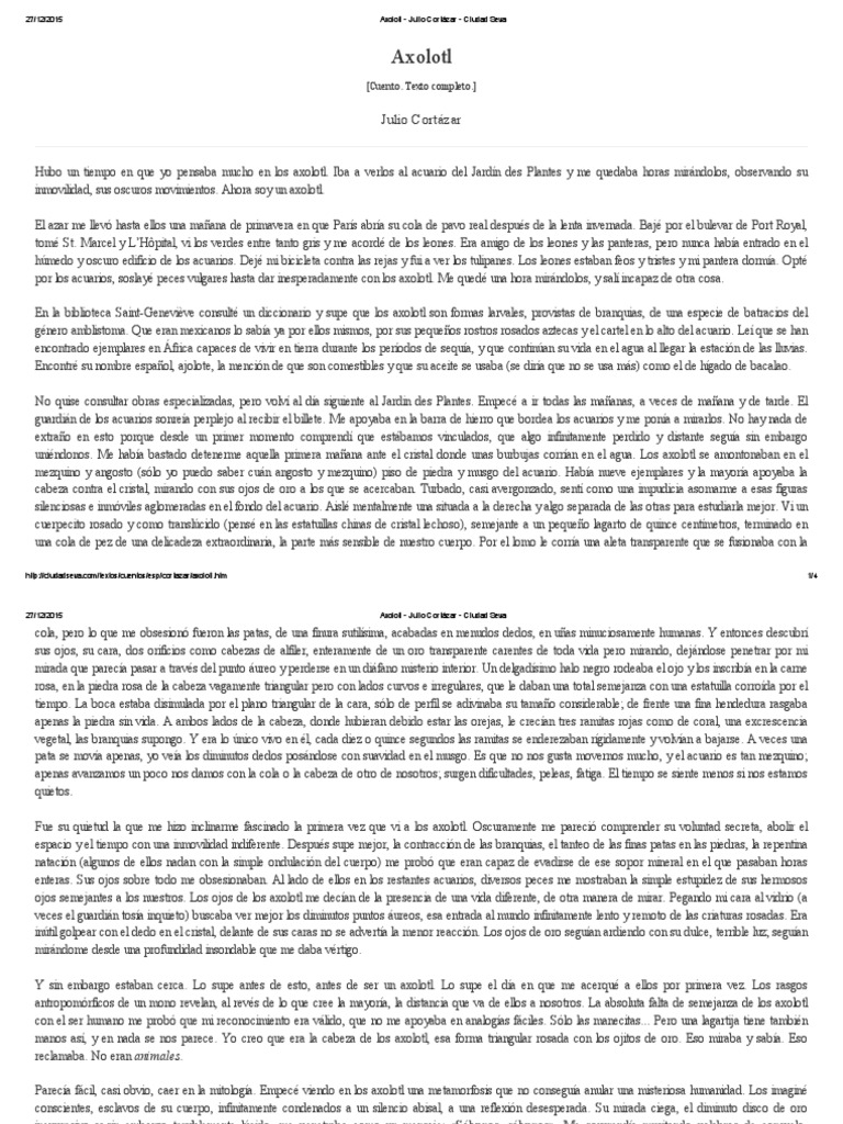 Axolotl - Julio Cortázar | PDF | Acuario | Ojo