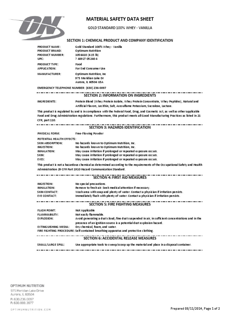 Gold Standard Whey Safety Data Sheet | PDF | Safety | Chemistry