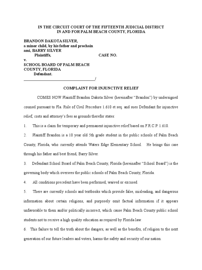 Complaint-Silver V Palm Beach Schools | PDF | Teachers | Injunction