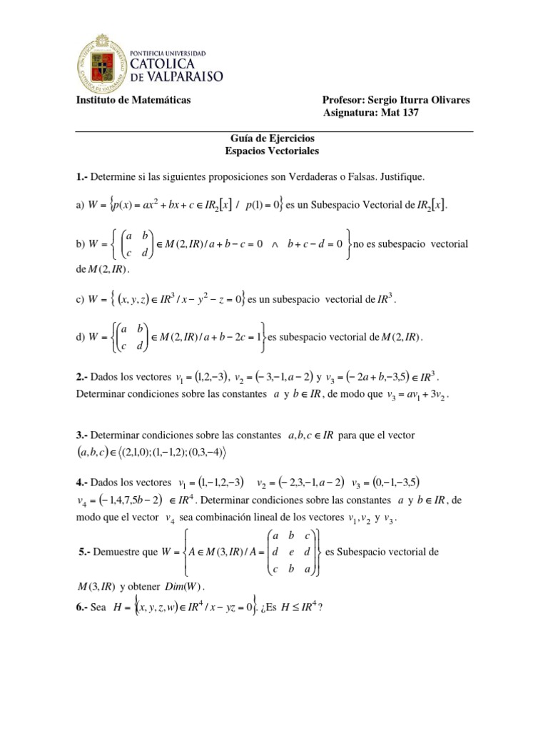 Guia de Ejercicios Espacios Vectoriales | PDF | Espacio vectorial | Vector Euclidiano