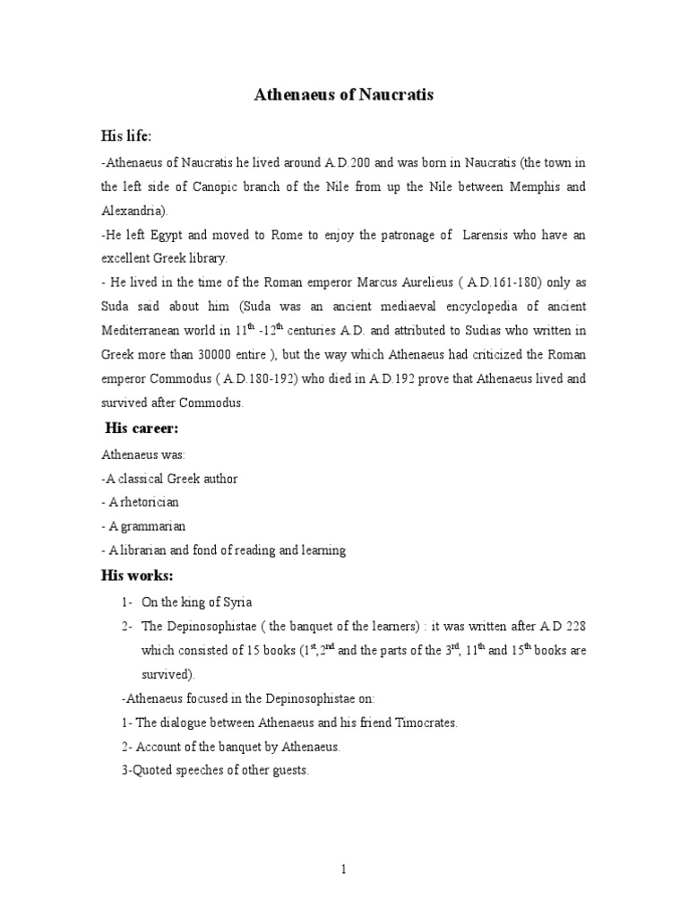 Athenaeus of Naucratis: A Learned Banquet Master and Polymath Who ...