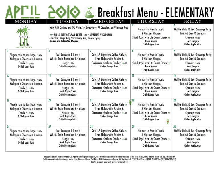 April 2010 Elementary Breakfast Menu | PDF | Cuisine | Food And Drink