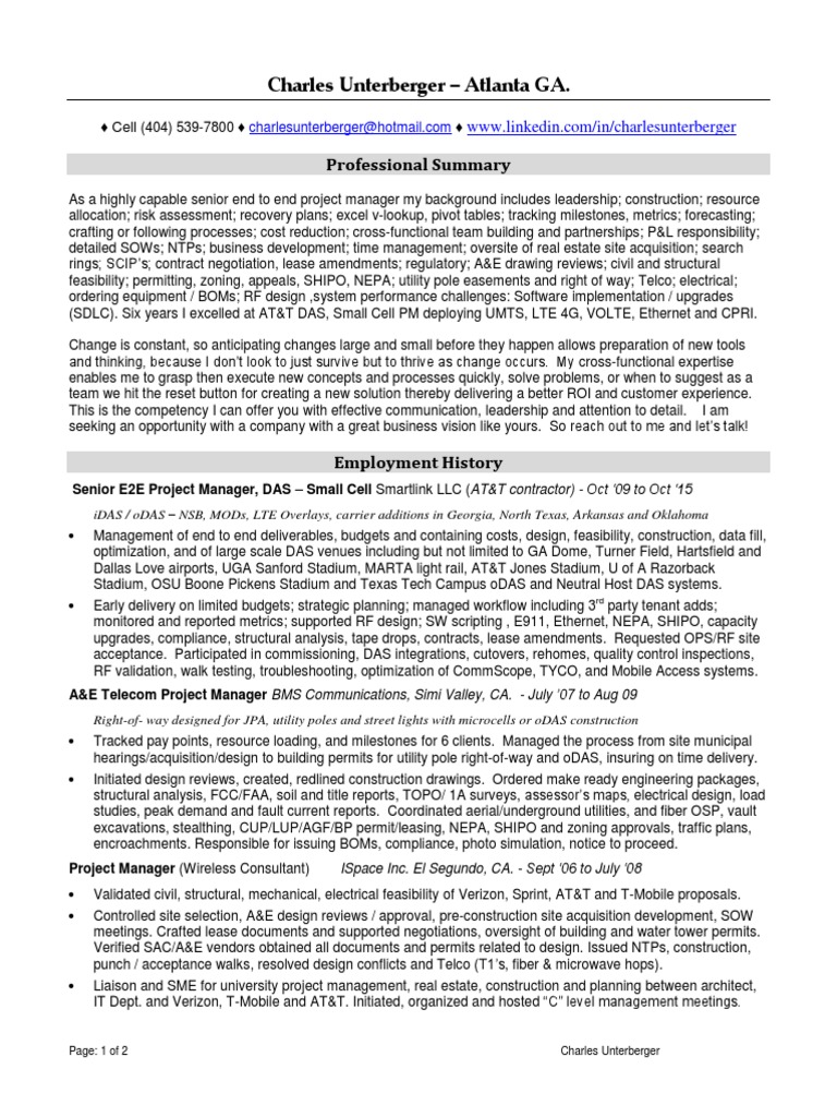 DAS Small Cell Project Manager in Atlanta GA Resume Charles Unterberger ...