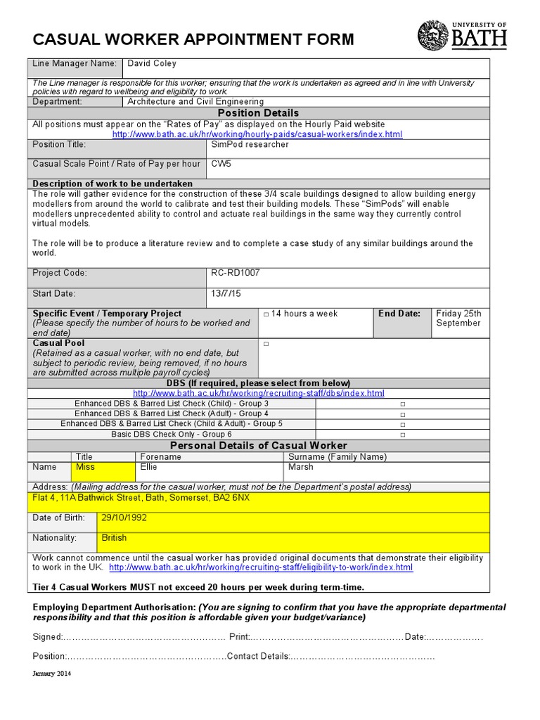 Casual Worker Appointment Form Urban Living | PDF | Government | Business